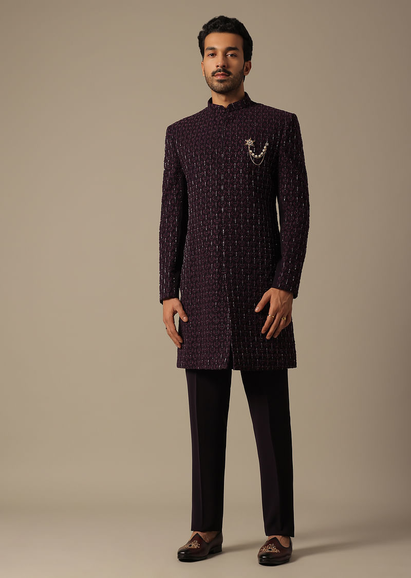 Royal Purple Embroidered Sherwani Set – Globemart